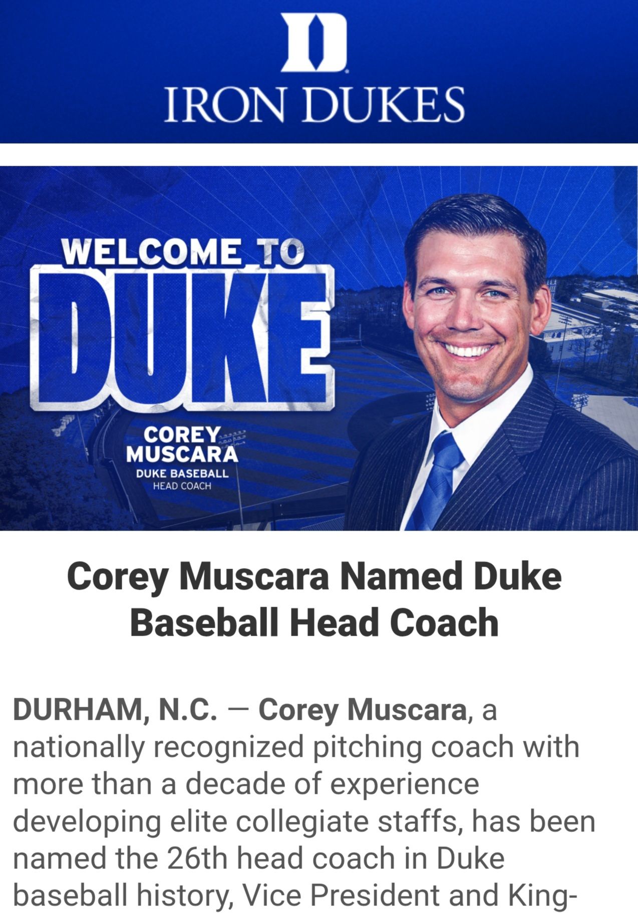 Welcome 🙏 to the Blue Devils Family 👪, Coach Corey Muscara! – A.S.P.N ...